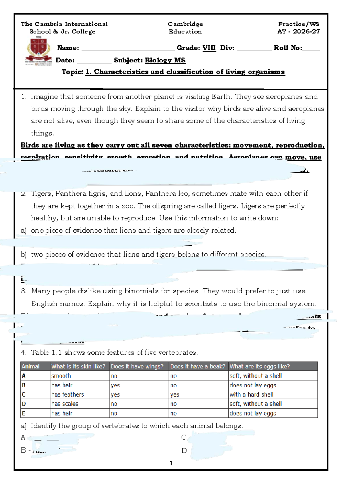 Biology MS Practice Paper: Characteristics & Classification of ...