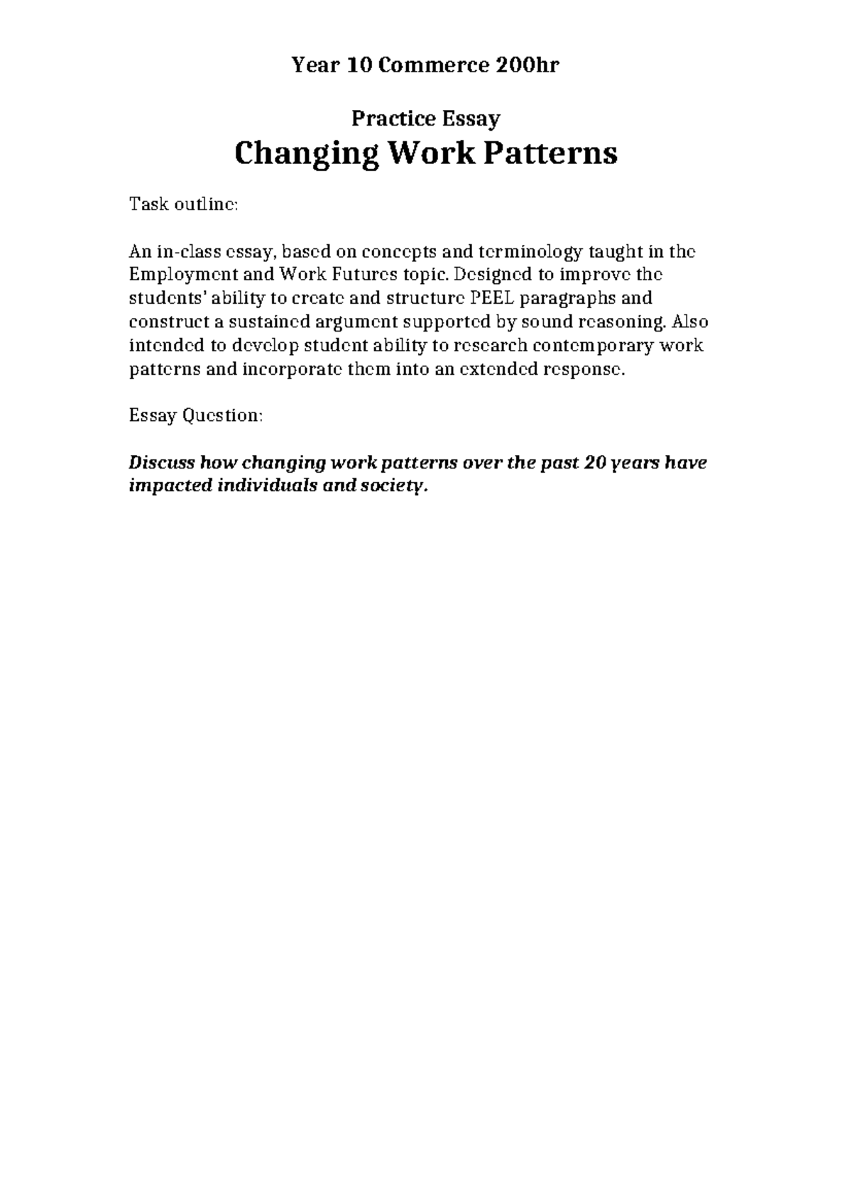 Year 10 Commerce 200hr Practice Essay: Changing Work Patterns Guide ...