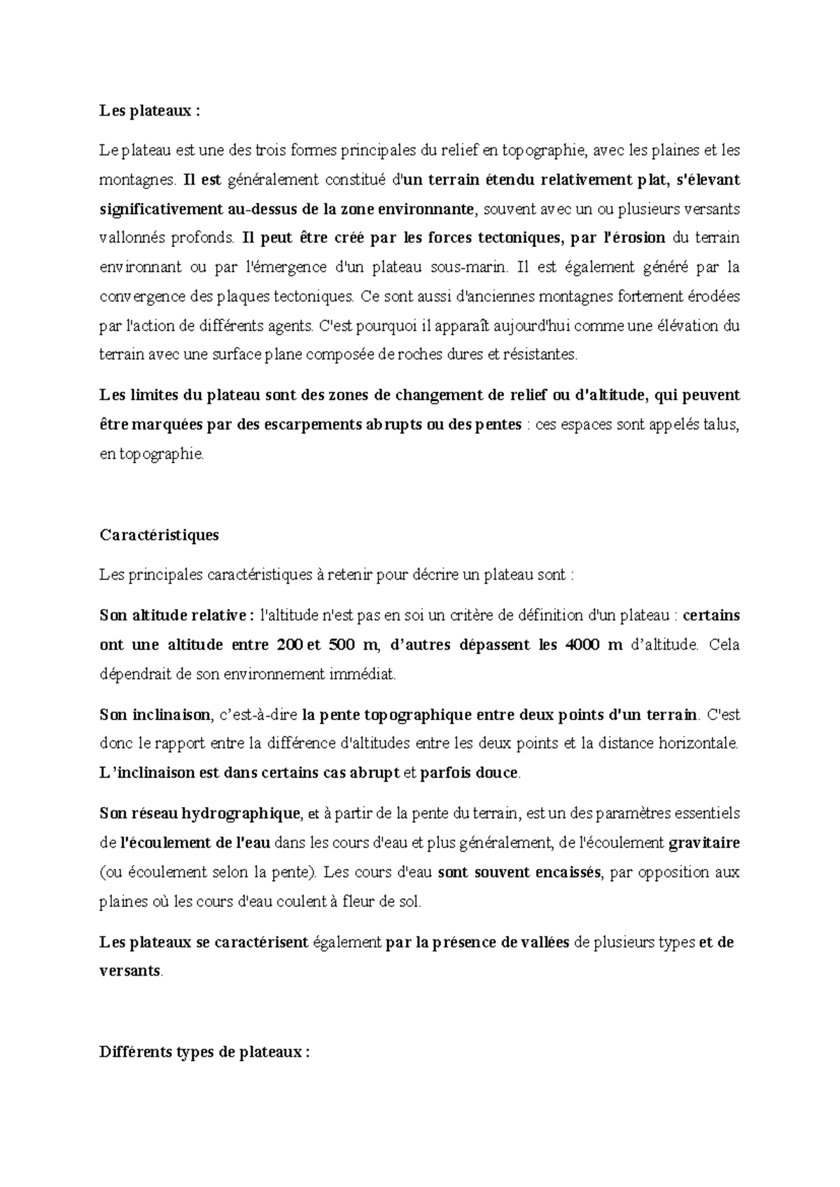 Cours 4. Le relief : Comprendre les caractéristiques des plateaux - Studocu