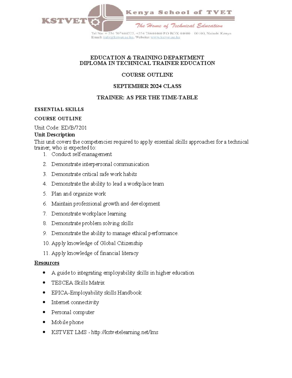 EDUC 101: Course Outline for Essential Skills - Diploma in Technical ...