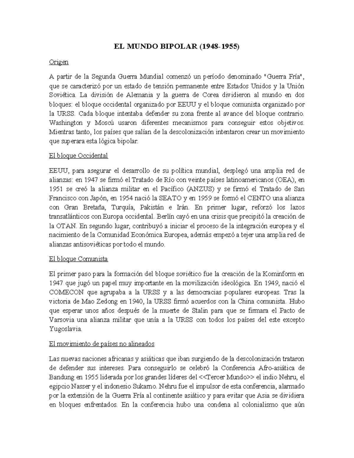 EL MUNDO BIPOLAR: Orígenes y Desarrollo de la Guerra Fría - Studocu