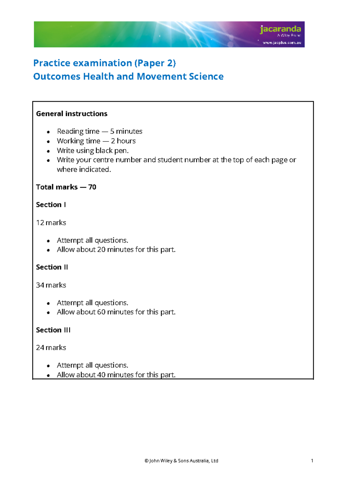 Practice Exam (Paper 2) - Outcomes in Health & Movement Science - Studocu