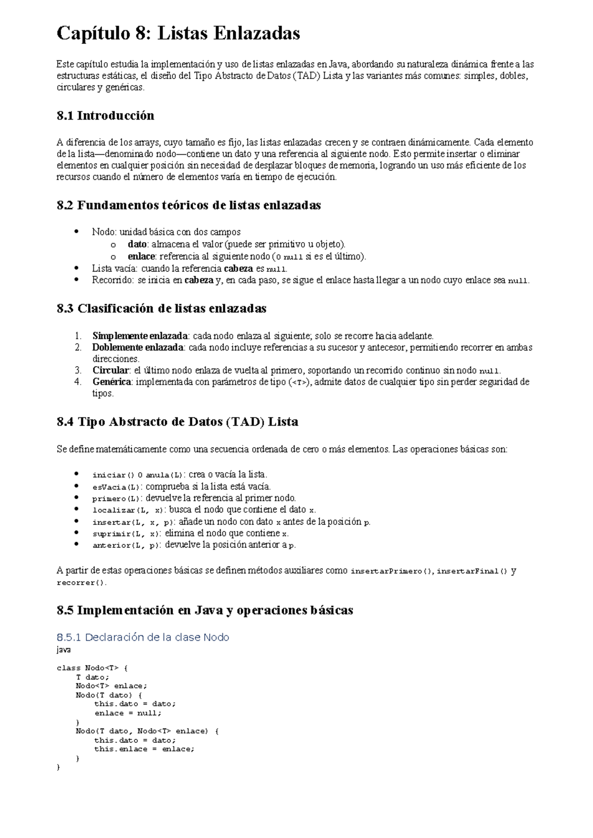 Capítulo 8: Resumen de Listas Enlazadas en Java - Studocu