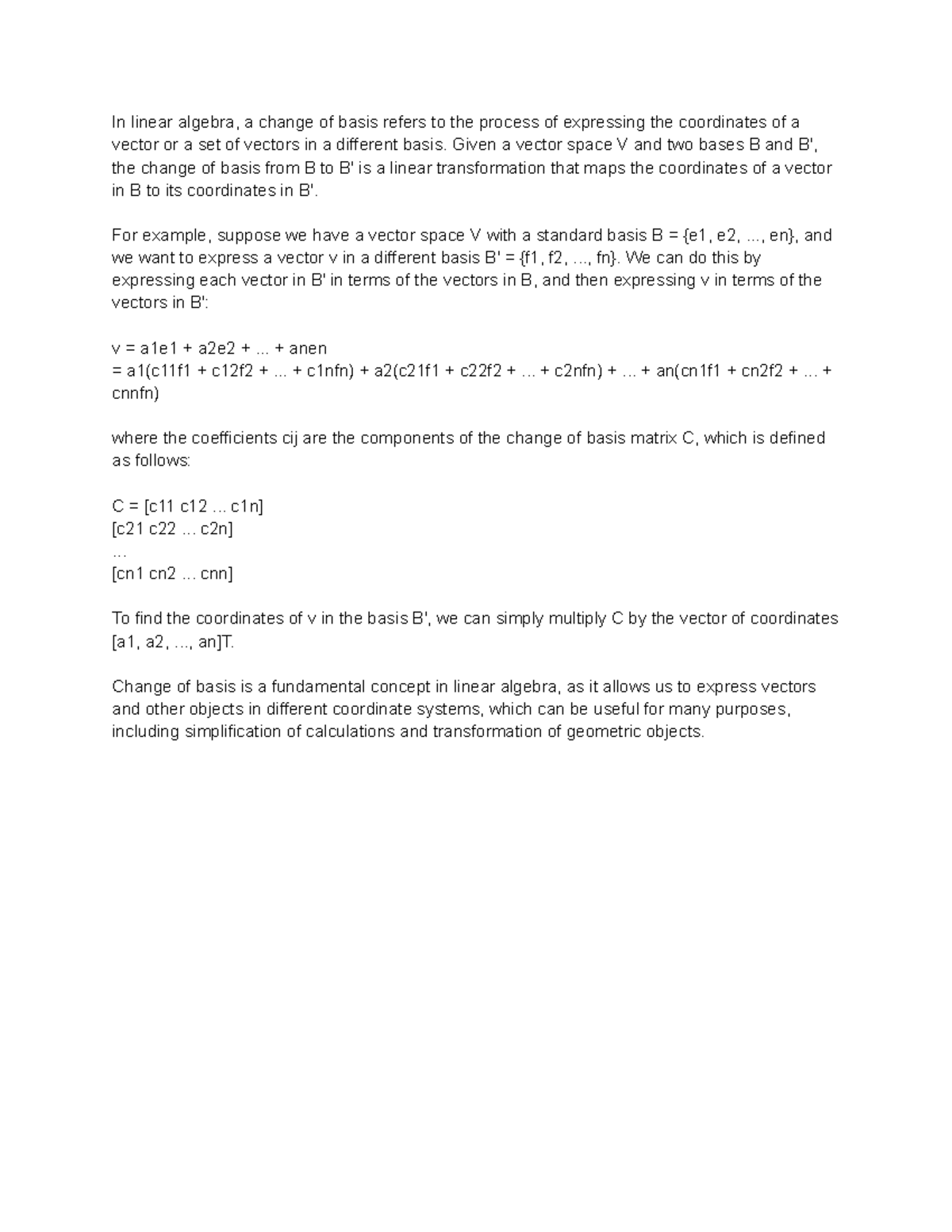 Change of Basis - Linear Algebra Lecture Notes (Evening Class) - Studocu