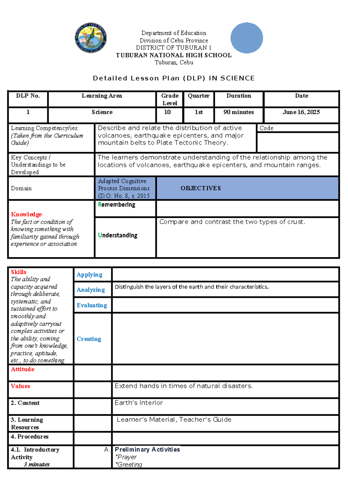 Week 1 DLP: Understanding Earth's Interior for Grade 10 Science - Studocu