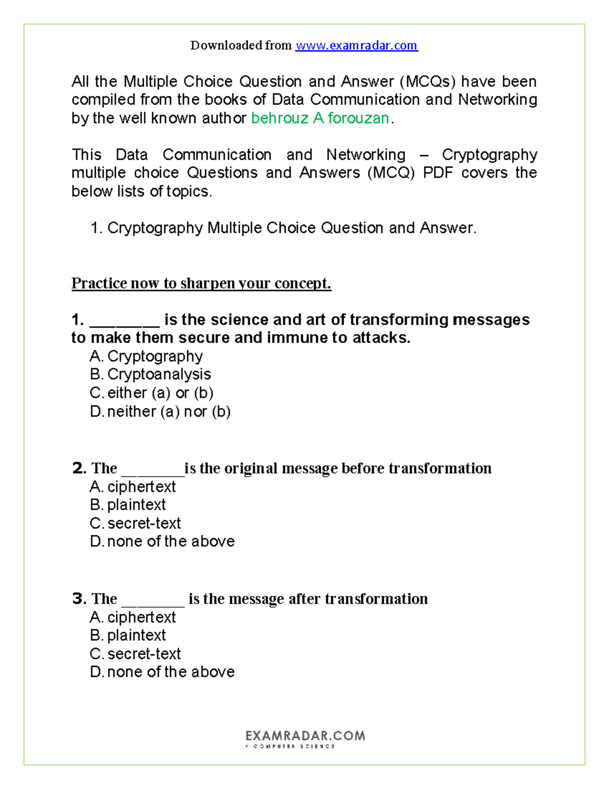 CH 30 Cryptography MCQs Compilation: Questions & Answers PDF - Studocu