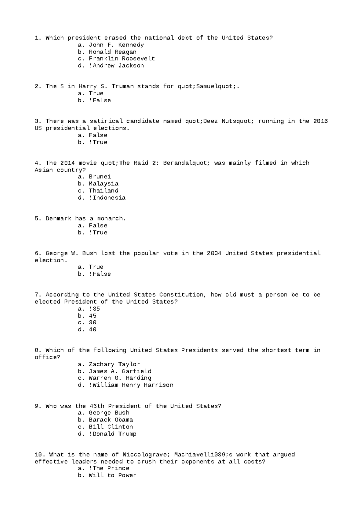 FIN243 Test Fall 2024 - U.S. Presidents, History, & Art Questions - Studocu
