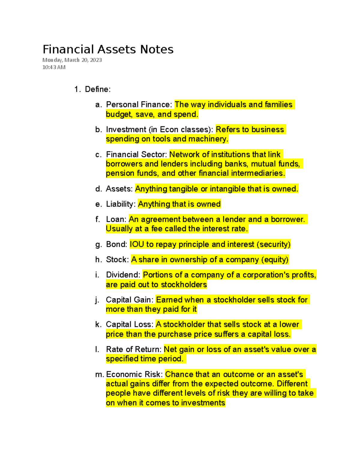 FIN 101: Comprehensive Financial Assets Notes for Midterm Exam - Studocu