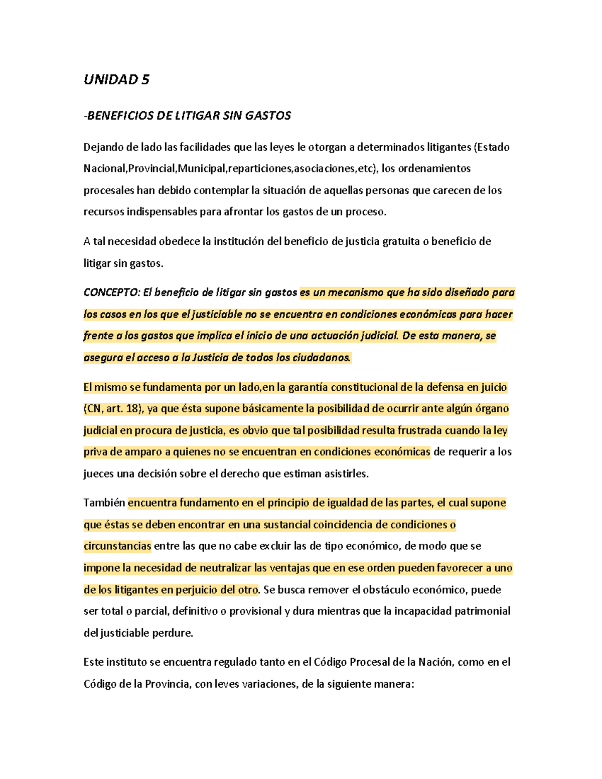 Unidad 5: Litigar Sin Gastos y Justicia Gratuita en Procesal - Studocu