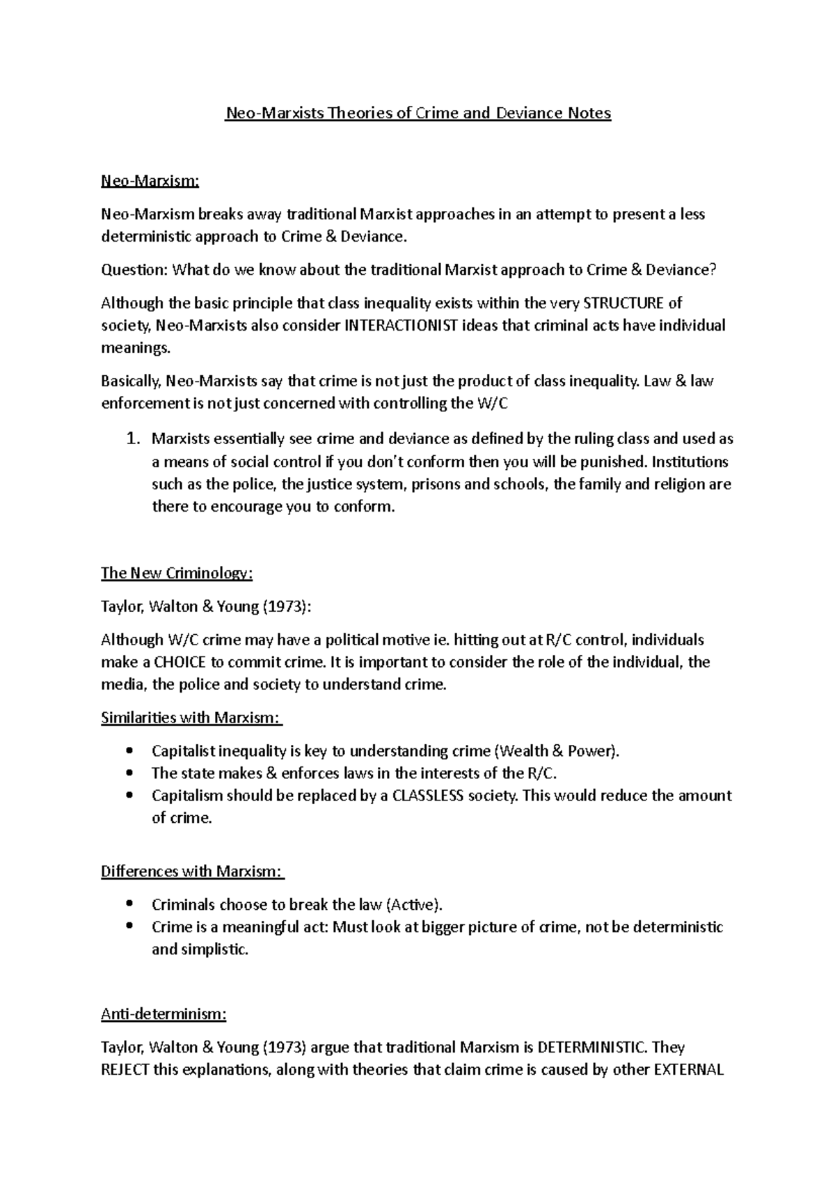Neo-Marxist Theories of Crime & Deviance: Lecture Notes - Studocu