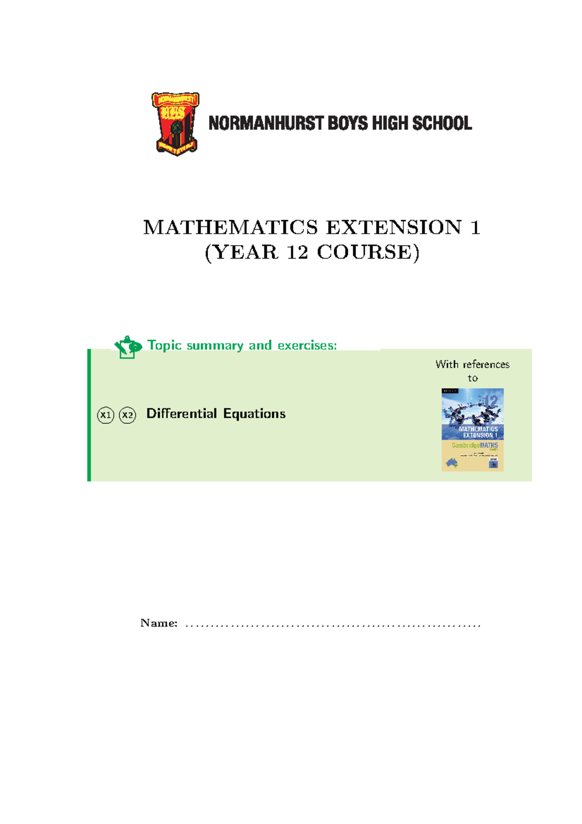 Mathematics Extension 1: Differential Equations Study Guide - Studocu