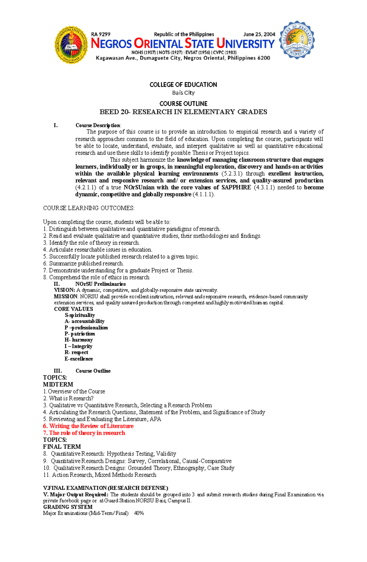 BEED 20 Course Outline - COLLEGE OF EDUCATION Bais City COURSE OUTLINE ...