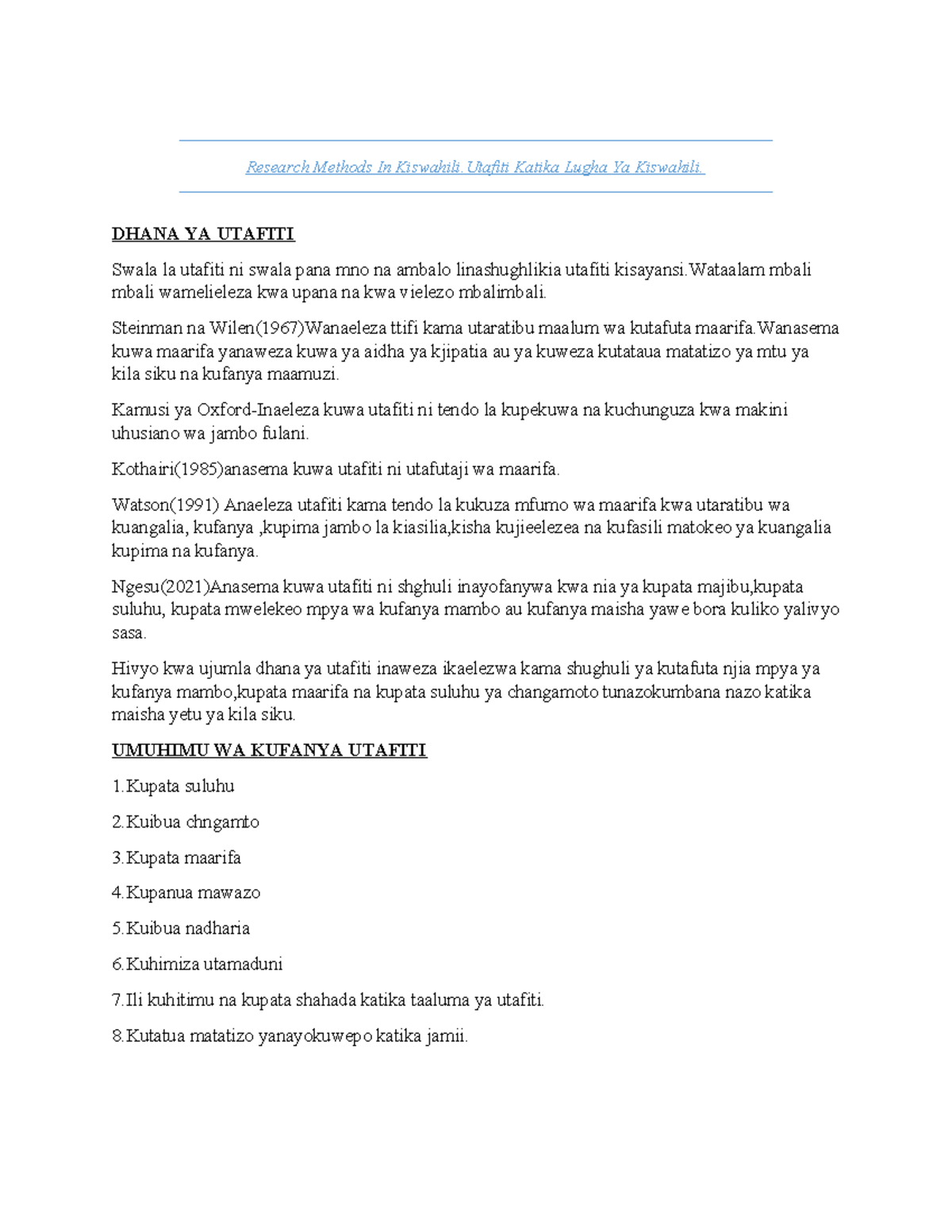 Mbinu za Utafiti Katika Kiswahili: Mwongozo wa Kitaaluma - Studocu