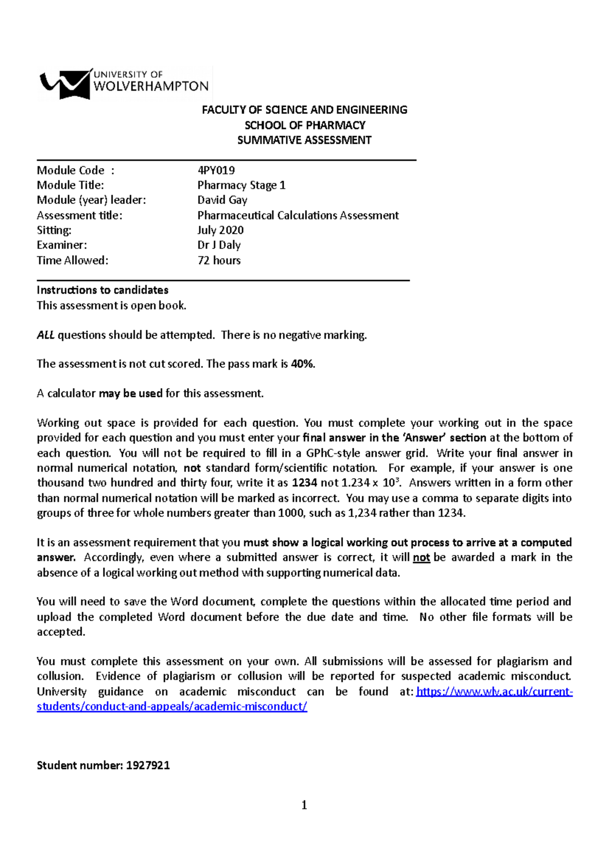 npl exam pharmacy year 1 - FACULTY OF SCIENCE AND ENGINEERING SCHOOL OF ...