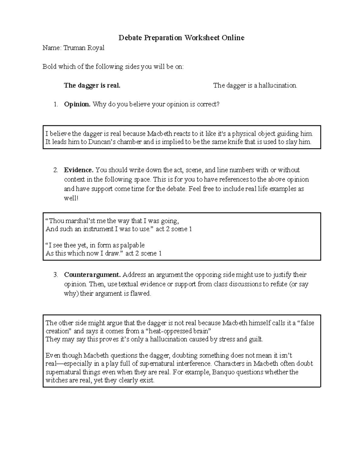 Dagger Debate Prep Worksheet: Macbeth Analysis - Studocu