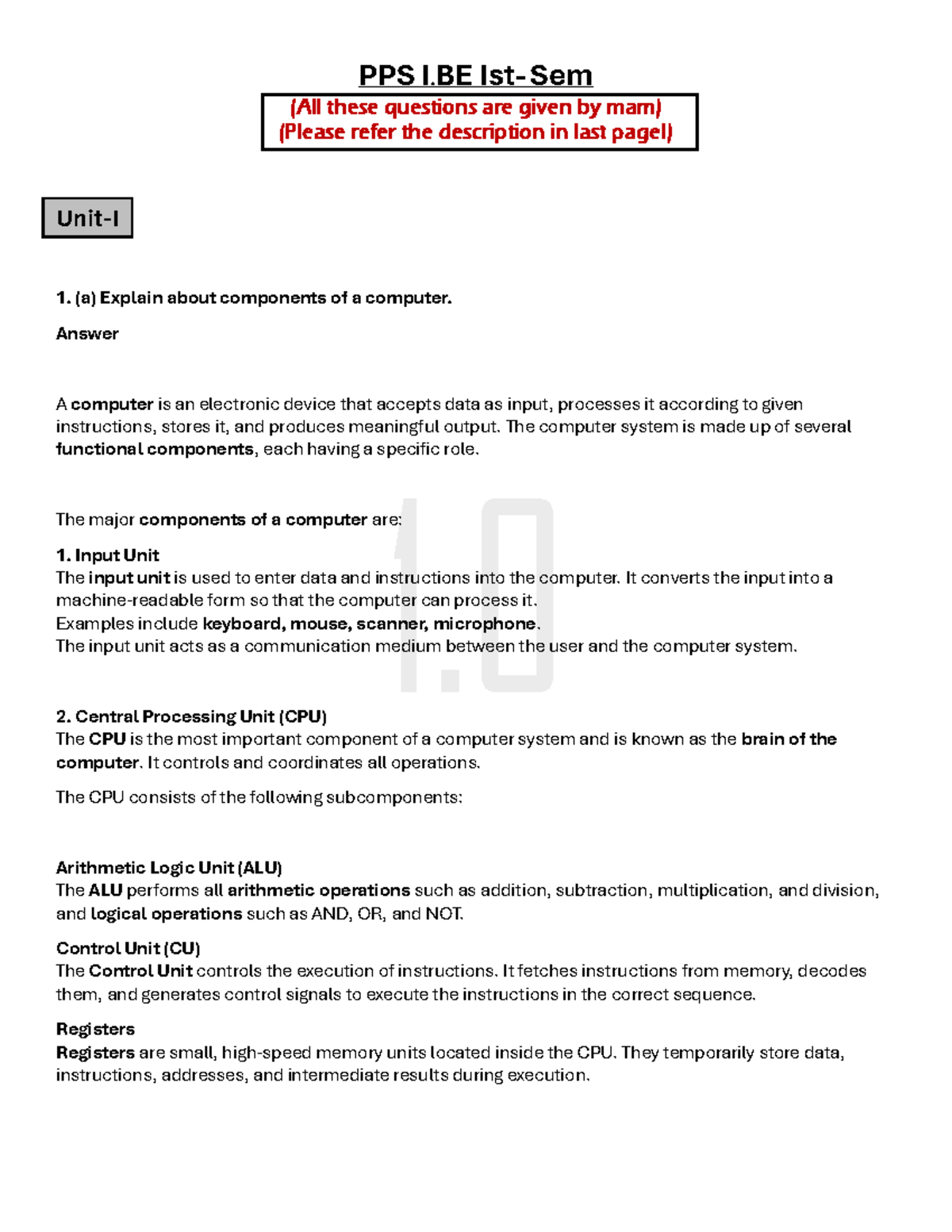 PPS I.BE Sem - Important Questions on Computer Components & C Programming - Studocu