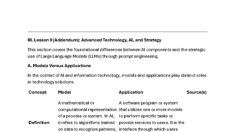 Lesson 9 Addendum: AI Models & Strategy Overview (Course Code: CHAP 3 ...