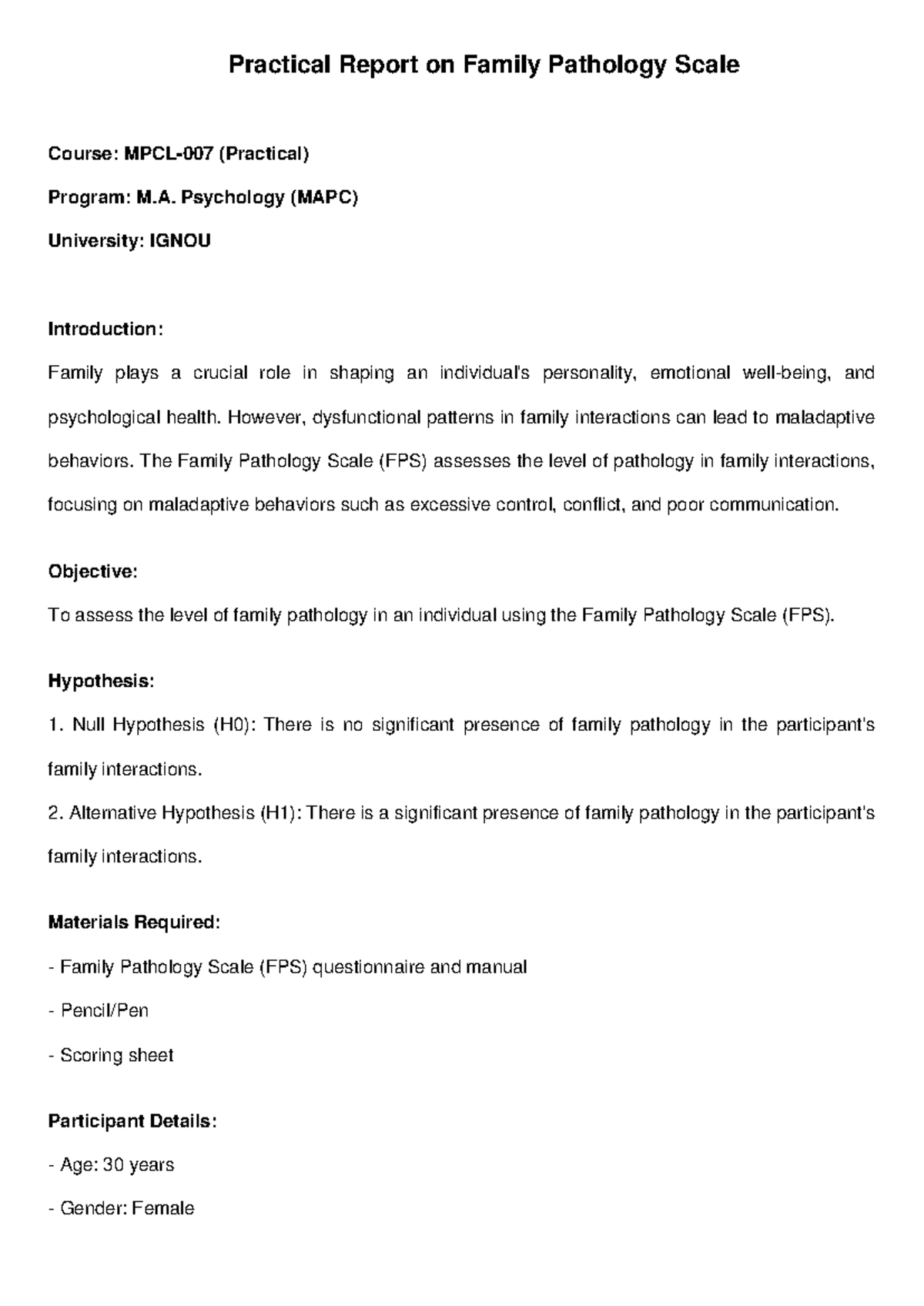 Practical Report on Family Pathology Scale - MPCL-007 - Studocu