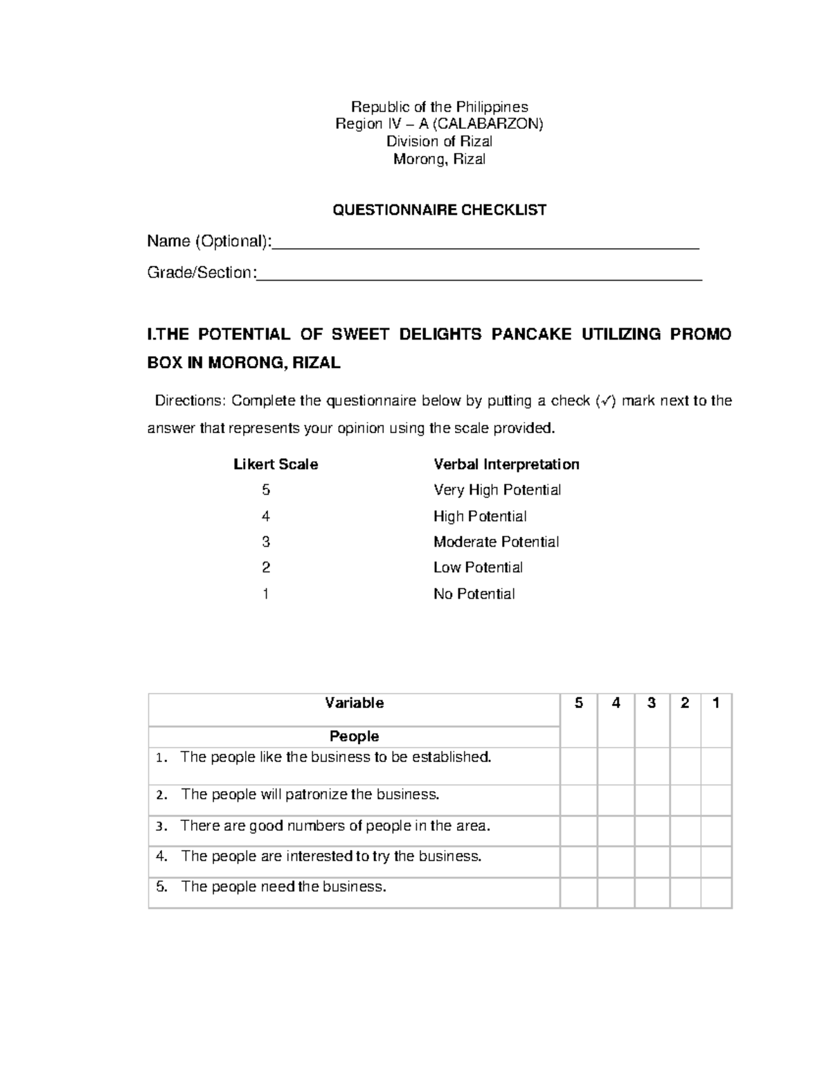Questionnaire Checklist for Research: The Potential of Sweet Delights ...