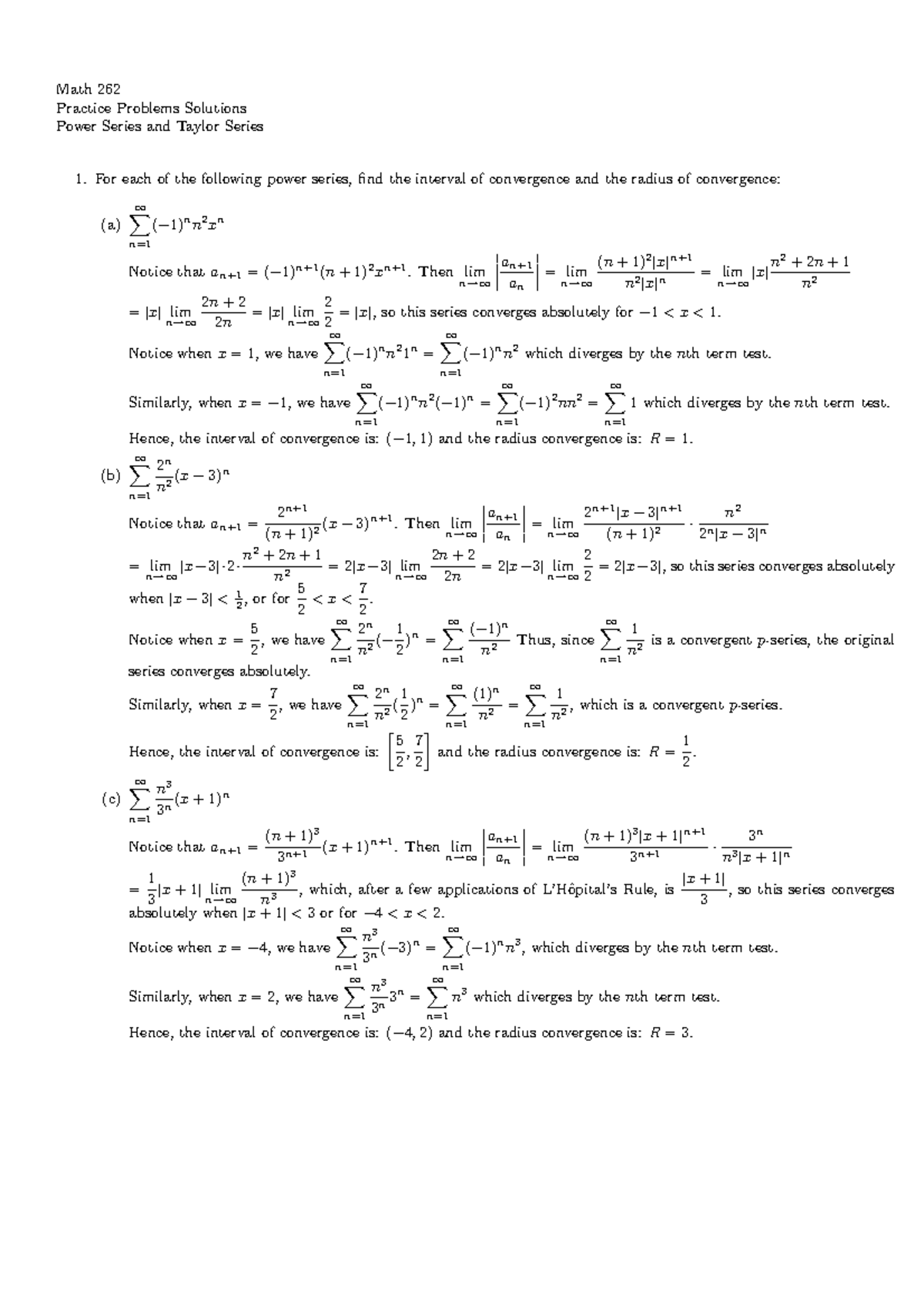 Math 262 Final Exam Practice Problems Solutions: Power & Taylor Series ...
