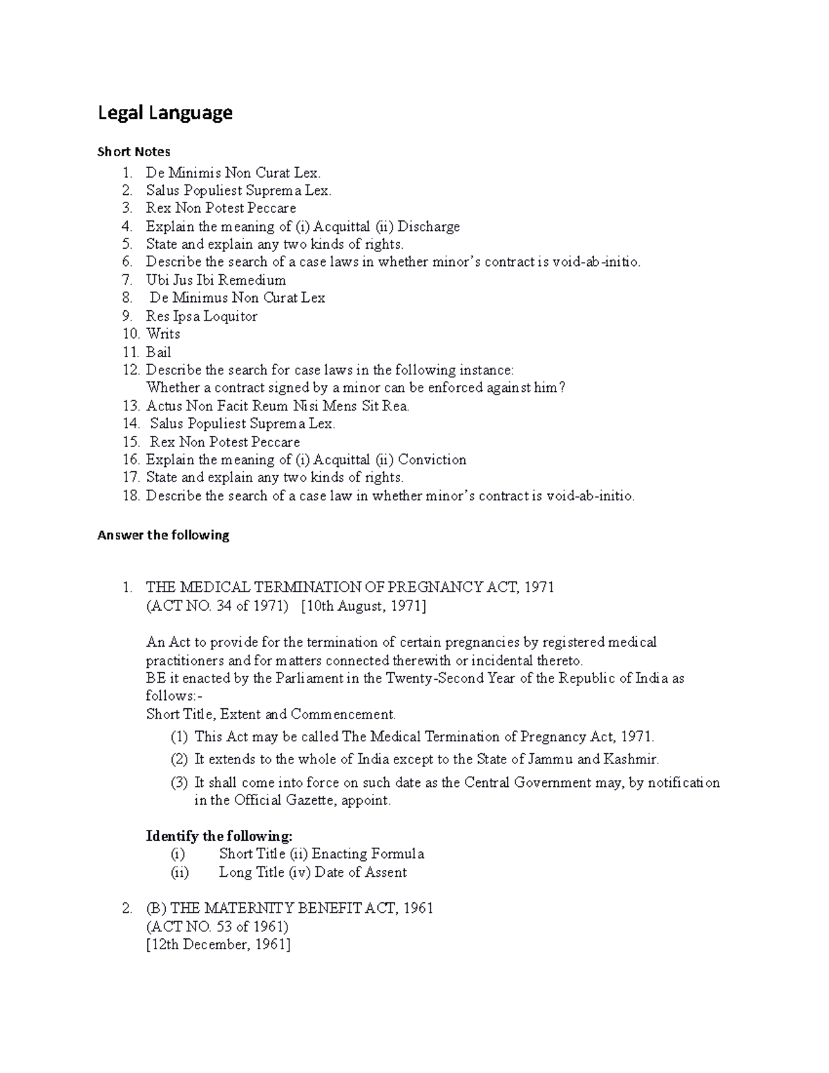 Legal Language Notes & Question Bank: Key Legal Maxims & Acts - Studocu