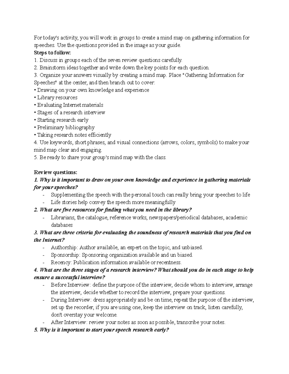 Mind Map Activity: Gathering Info for Speeches - Studocu