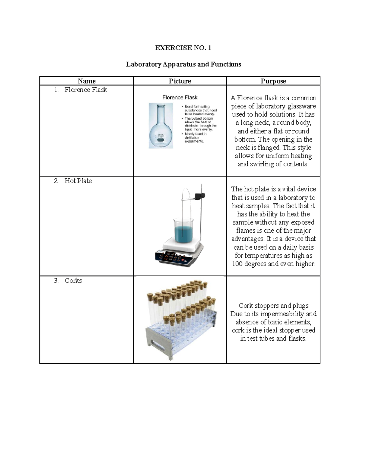 Laboratory Apparatus and Functions - EXERCISE NO. 1 Laboratory ...