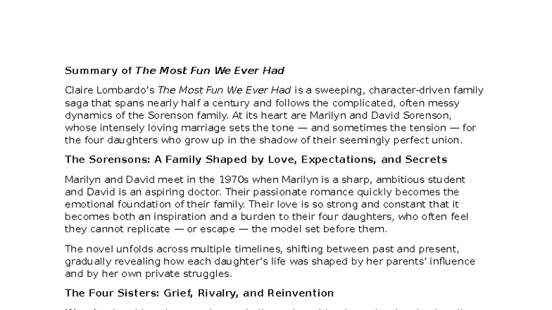 Summary of "The Most Fun We Ever Had" - Family Dynamics & Growth - Studocu