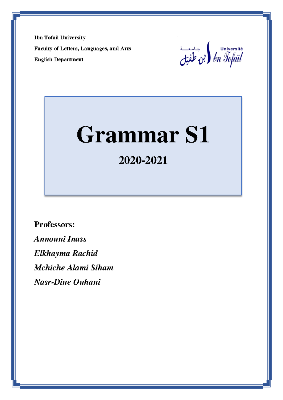 Grammar S1 English 1 - ####### Ibn Tofail University ####### Faculty of ...