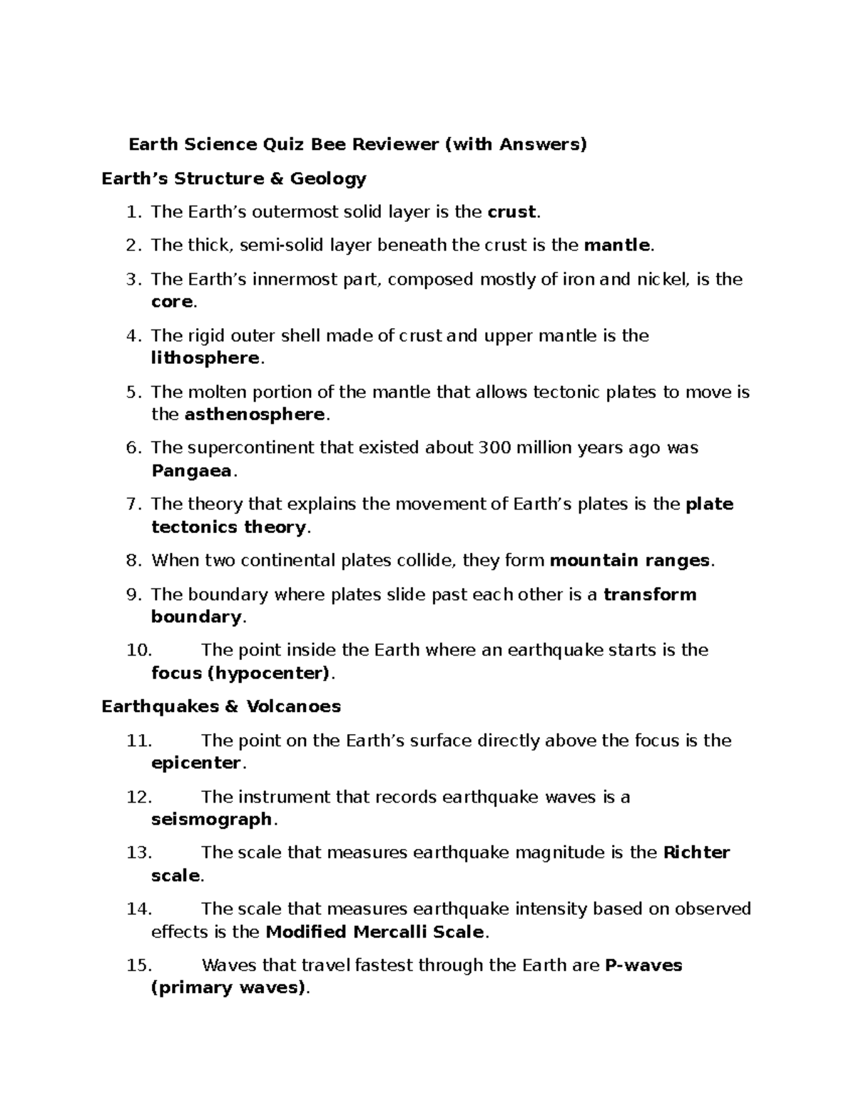 Earth Science Quiz Bee Reviewer (GEOL 1) with Answers - Studocu
