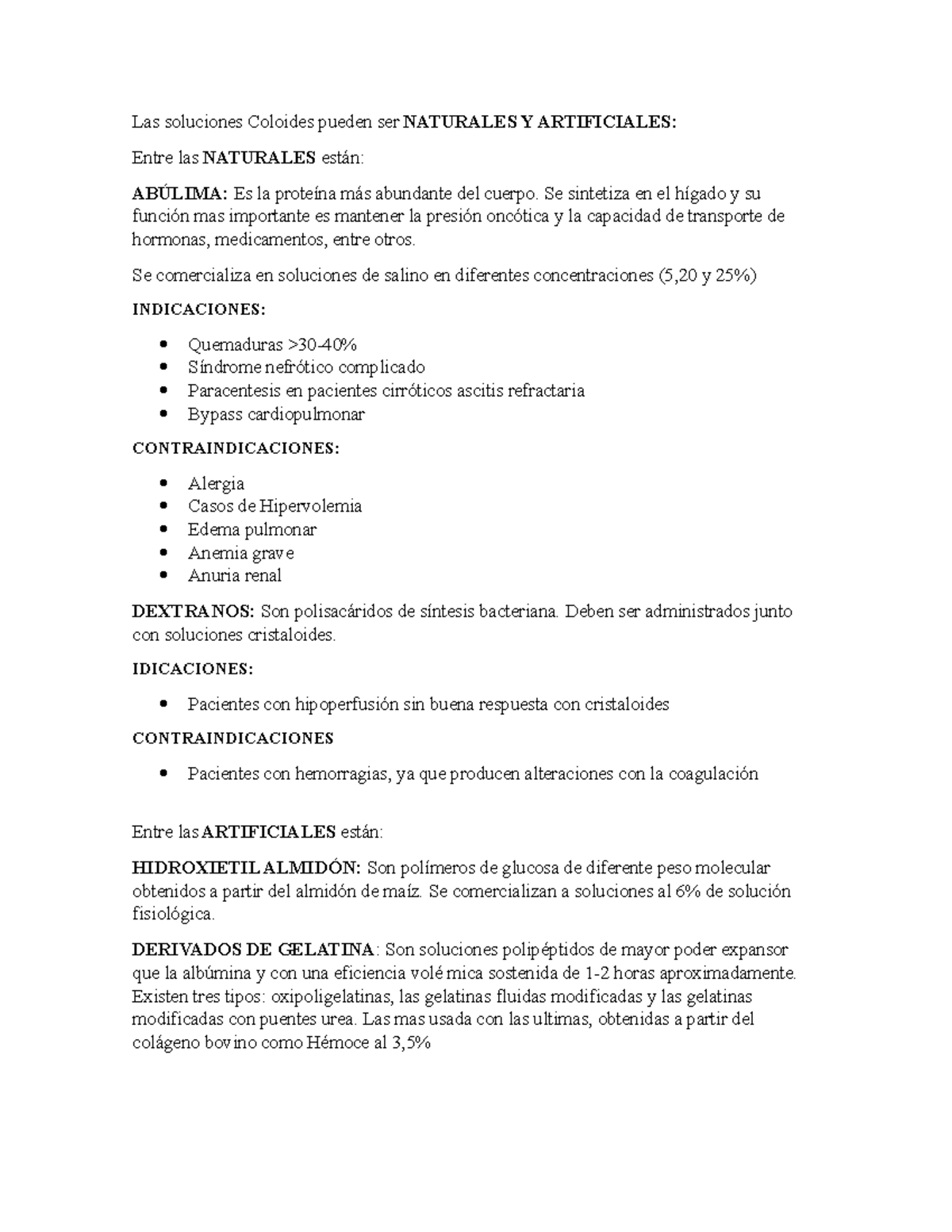 Soluciones Coloidales: Tipos, Indicaciones y Contraindicaciónes - Studocu