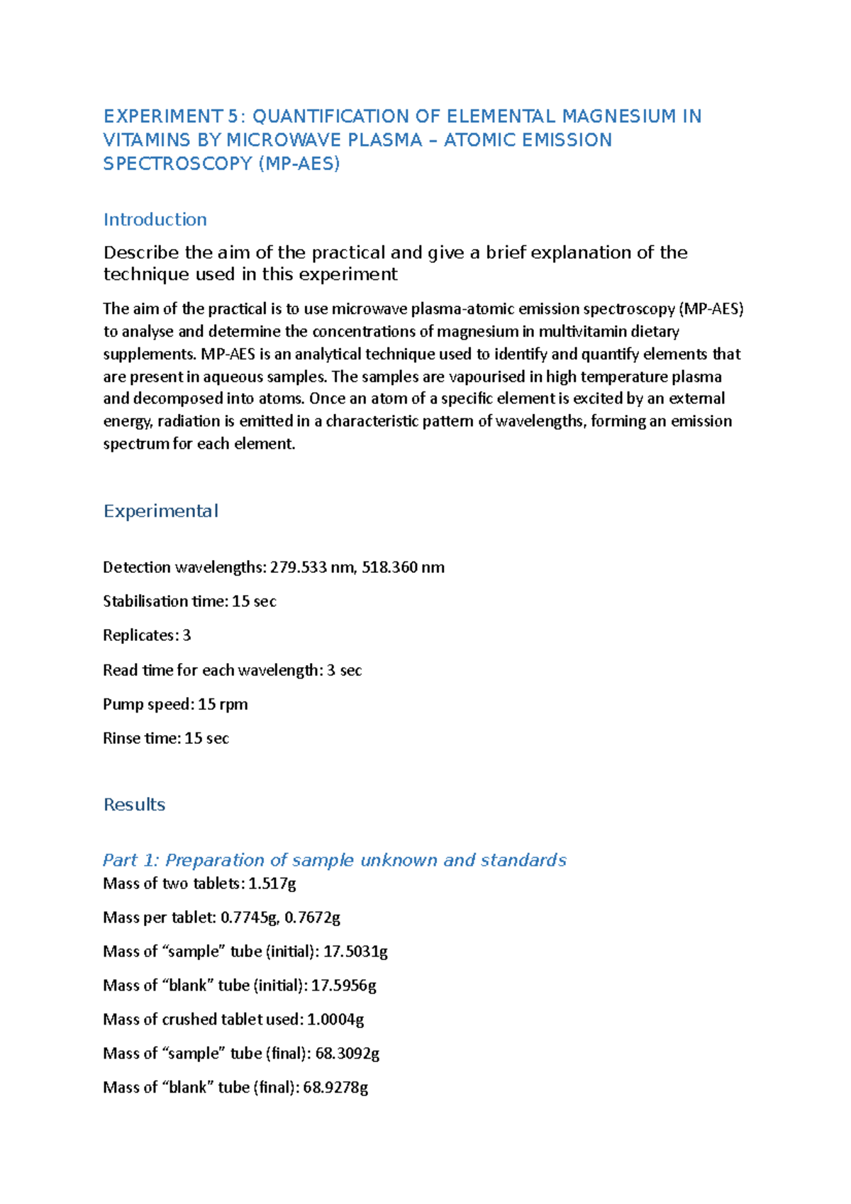 Experiment 5 - Quantifying Magnesium in Vitamins via MP-AES Report ...