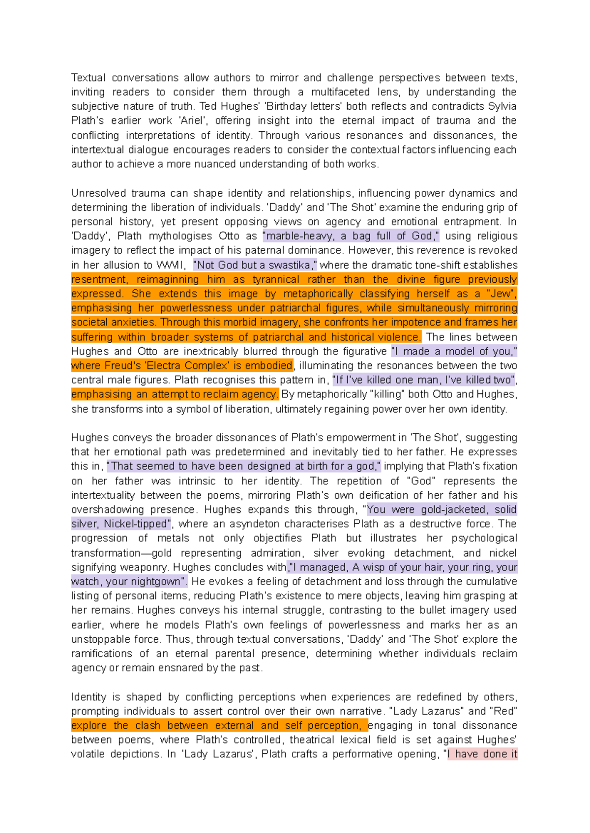 HSC Plath and Hughes - Textual Conversations Essay Analysis - Studocu
