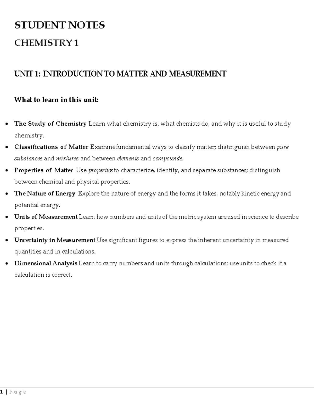UNIT 1 - Introduction Matter AND Measurement 2 - STUDENT NOTES ...