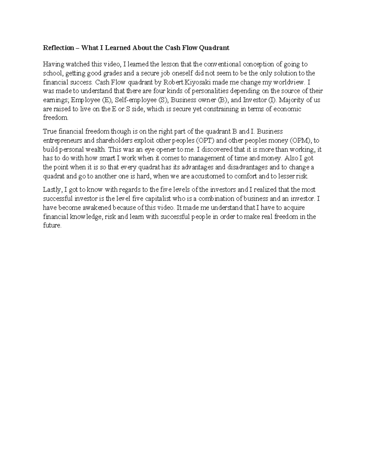 Reflection on Kiyosaki's Cash Flow Quadrant Insights - Studocu