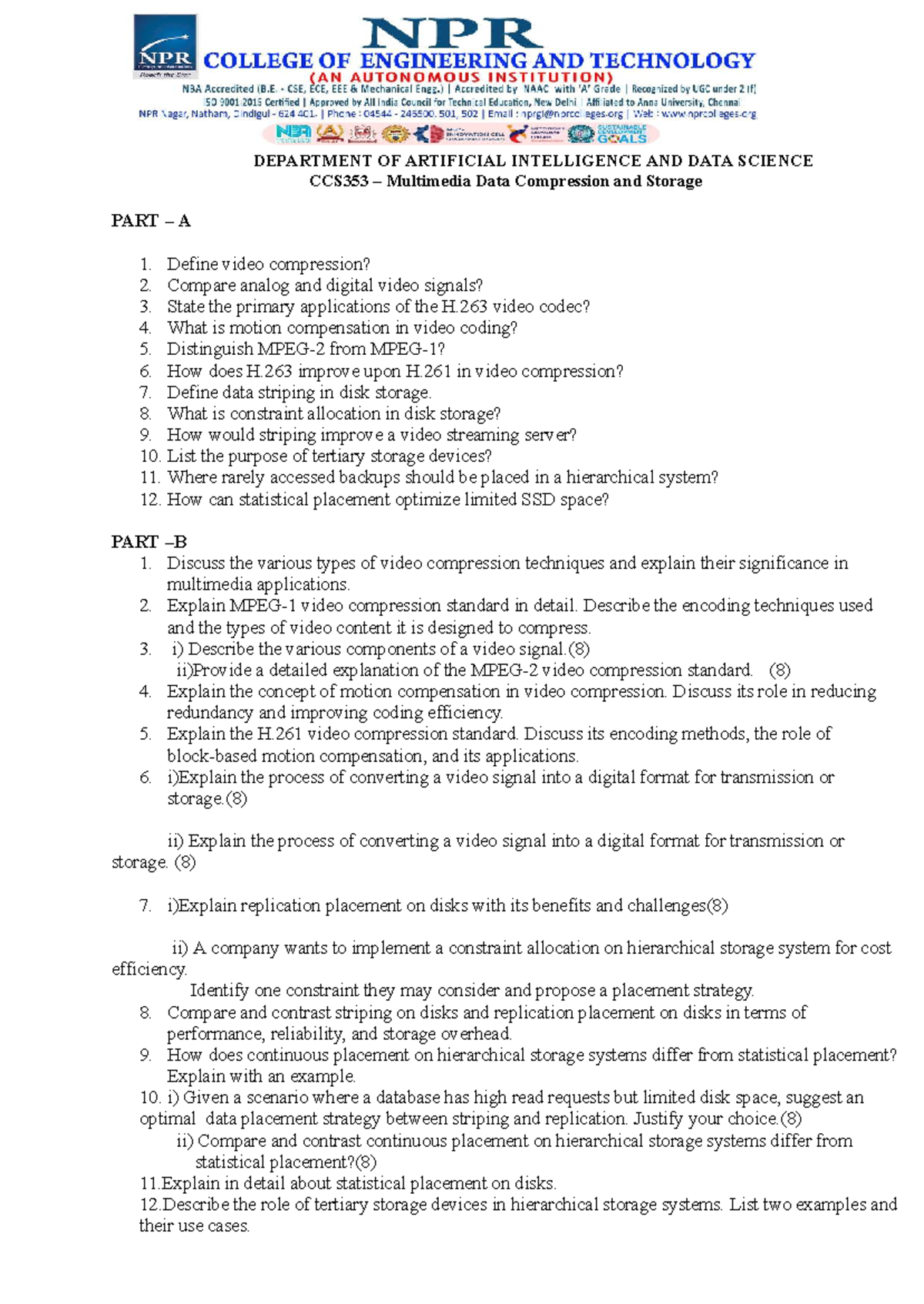 CCS353 Multimedia Data Compression & Storage - Question Bank Part A & B - Studocu