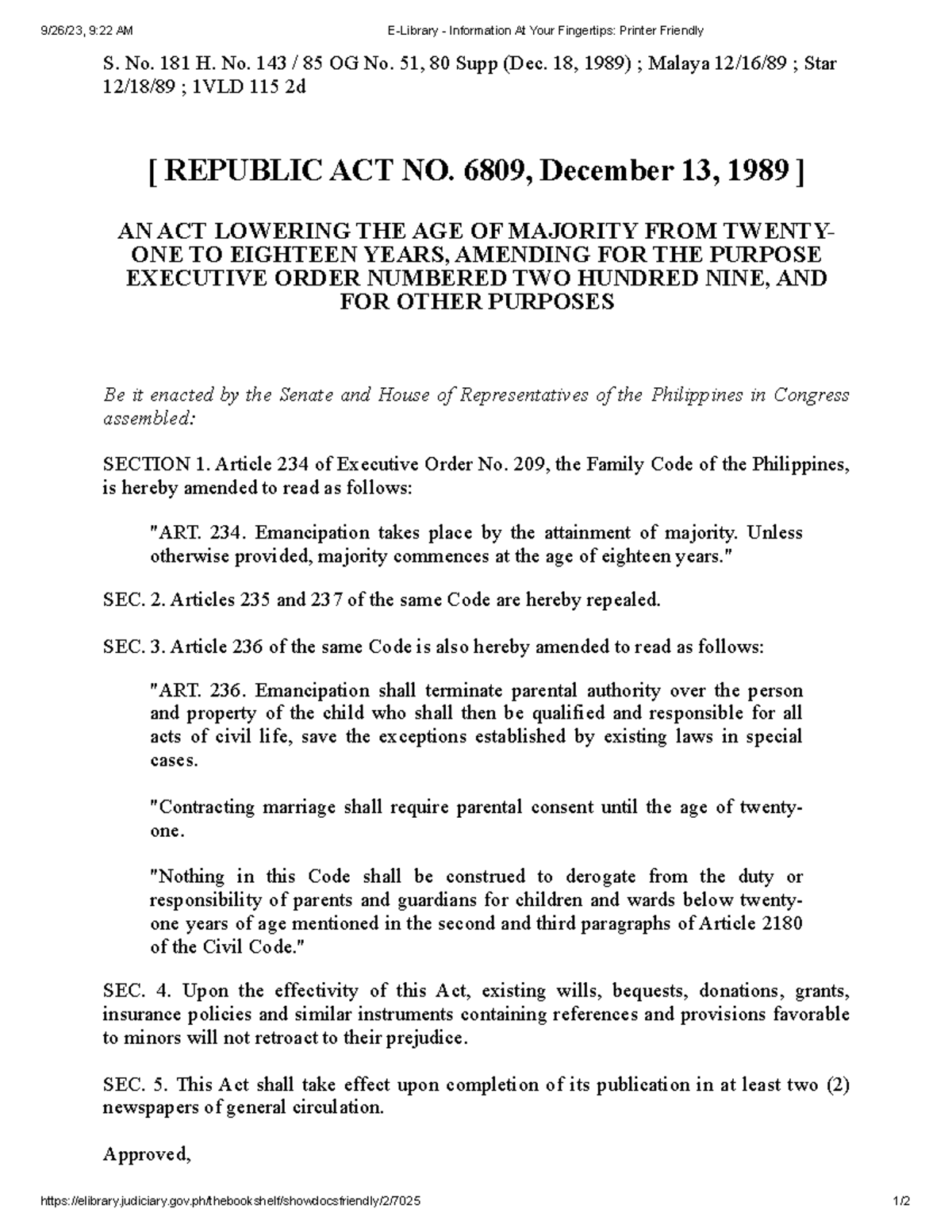 RA 6809 - notes in obligations and contracts - 9/26/23, 9:22 AM E ...