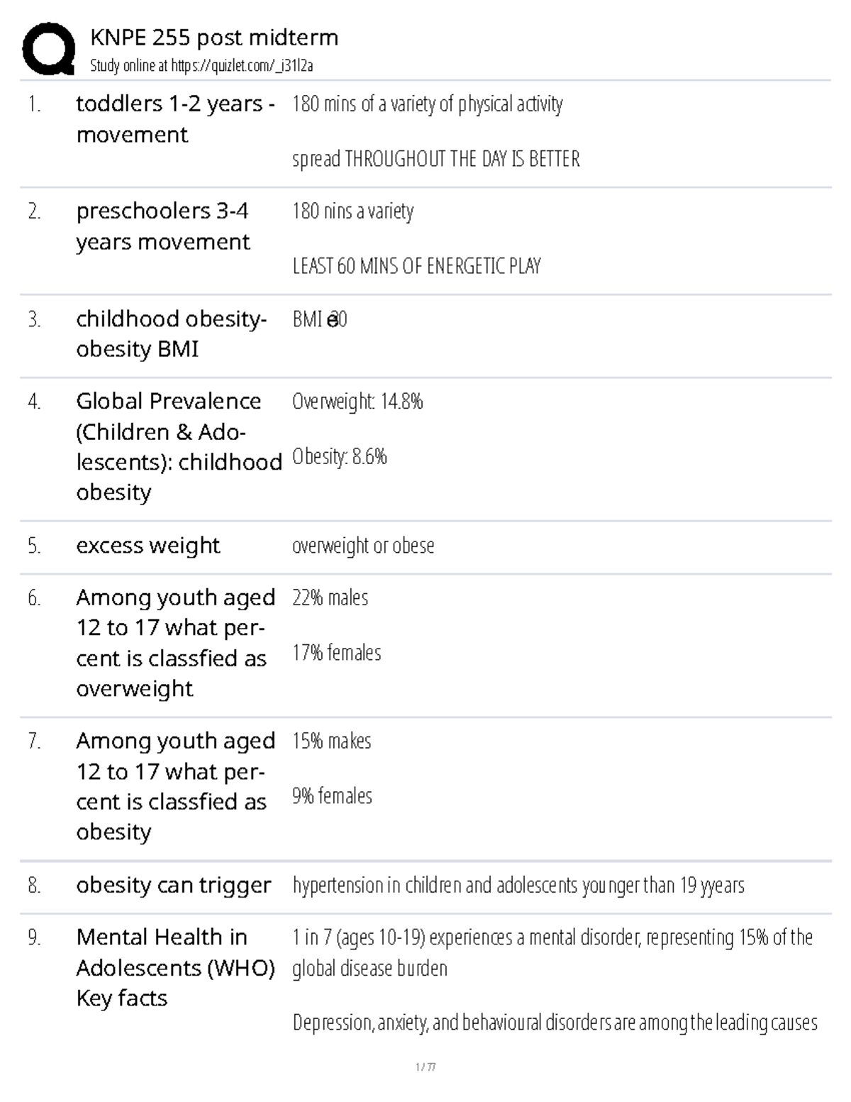 KNPE 255 Post Midterm Study: Childhood Obesity, Physical Activity ...