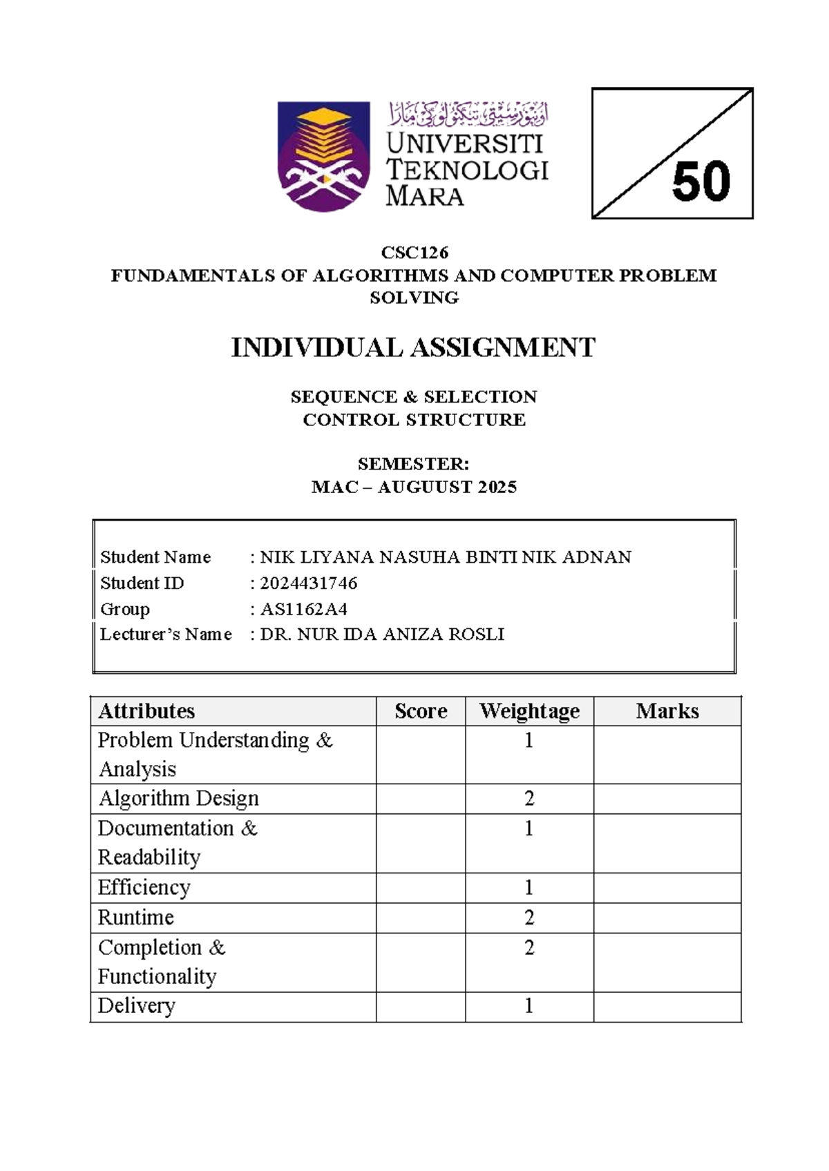 CSC126 Individual Assignment: Sequence & Selection Control Structures - Studocu
