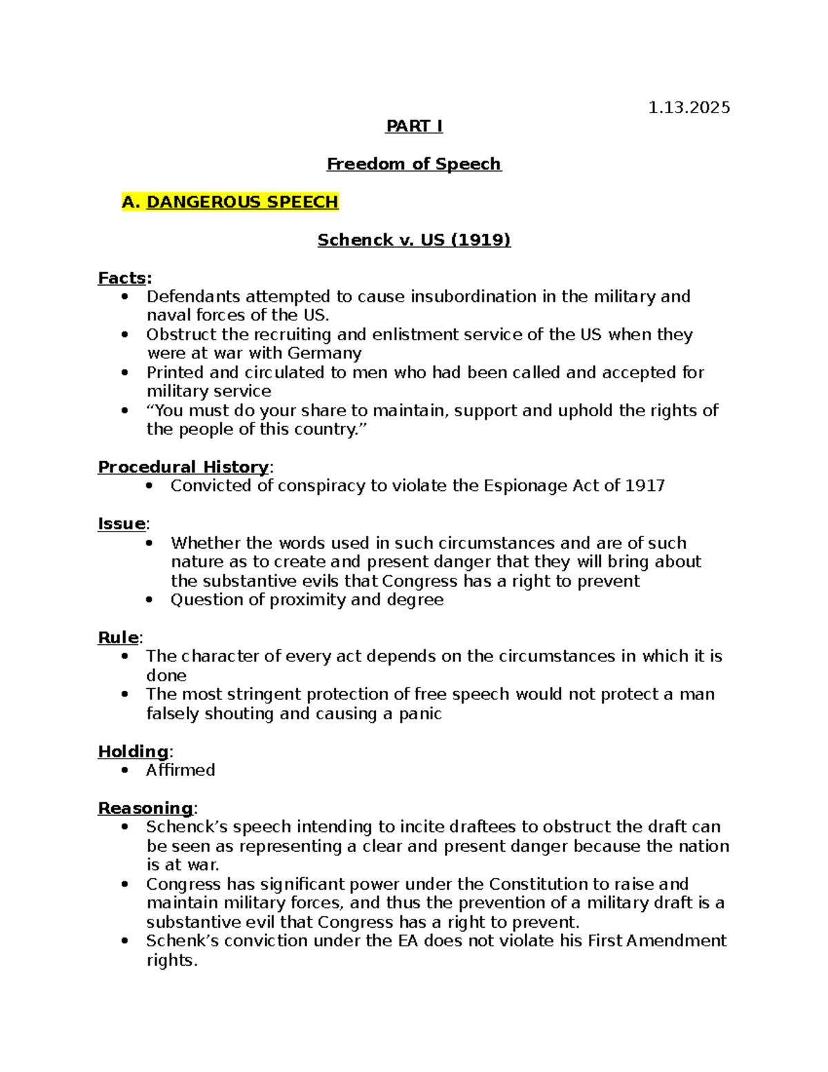 Class Notes - First Amendment: Freedom of Speech & Key Cases - Studocu
