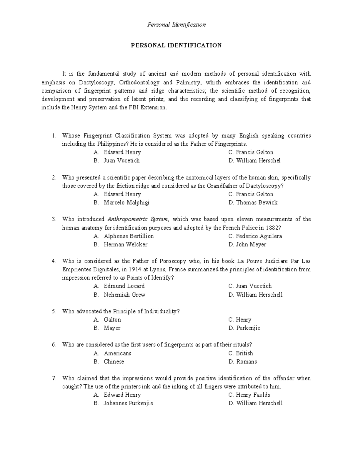 LEC Dactyloscopy Test Questions for Personal Identification Review ...