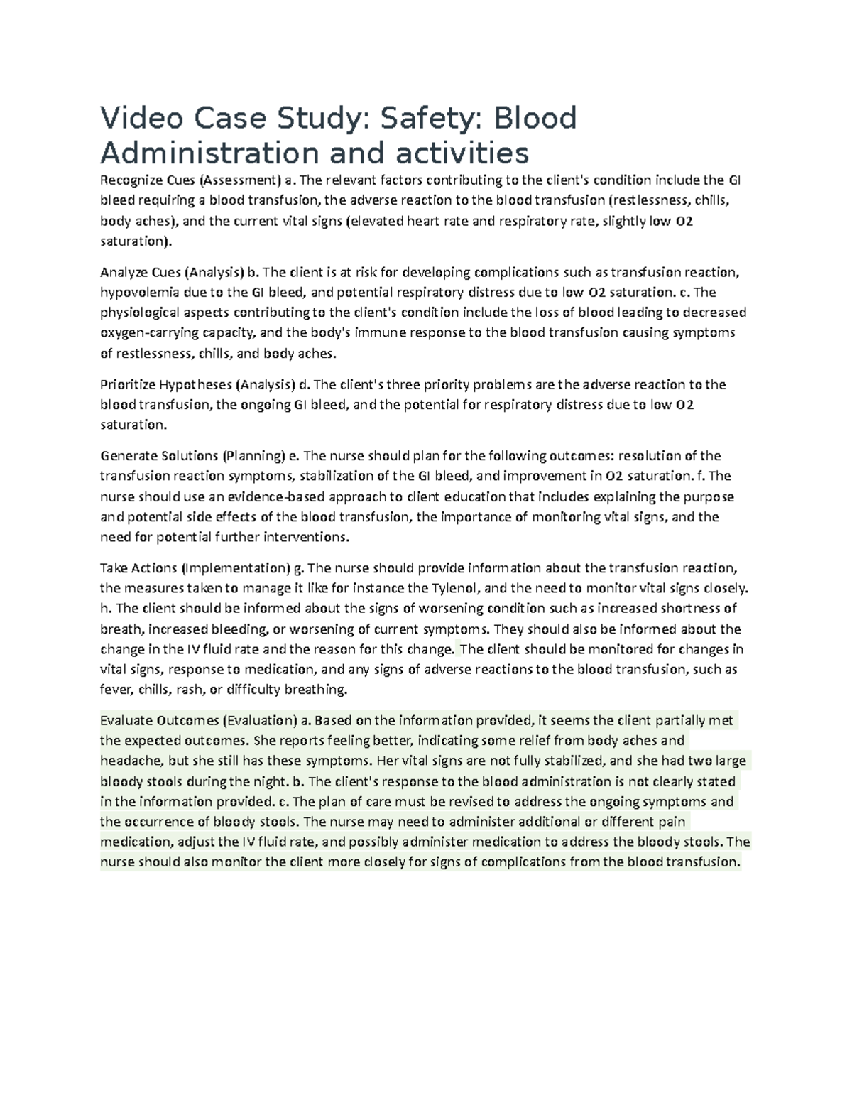 Video Case Study (Safety): Blood Administration & Complications - Studocu