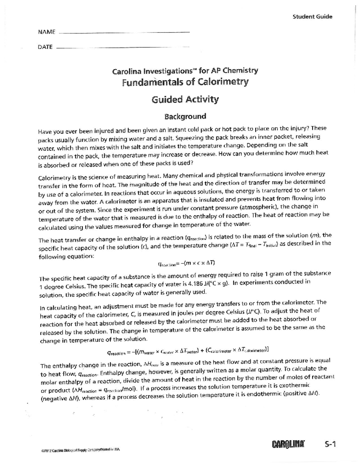 AP Chemistry Thermodynamics Lab: Fundamentals of Calorimetry Guide ...