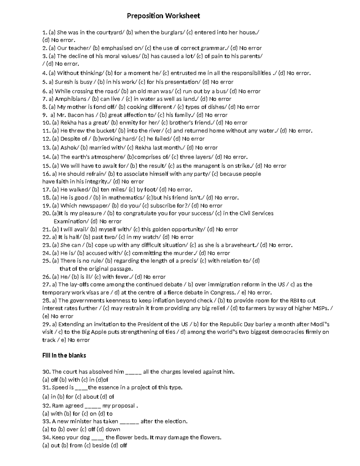 Preposition Worksheet 1: Error Identification and Correction - Studocu
