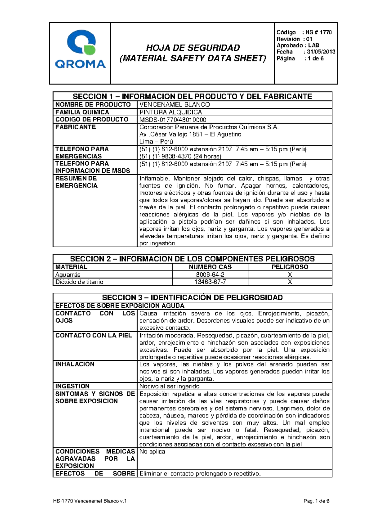 MSDS Vencenamel Blanco HS 1770 - Hoja de Seguridad y Peligros - Studocu