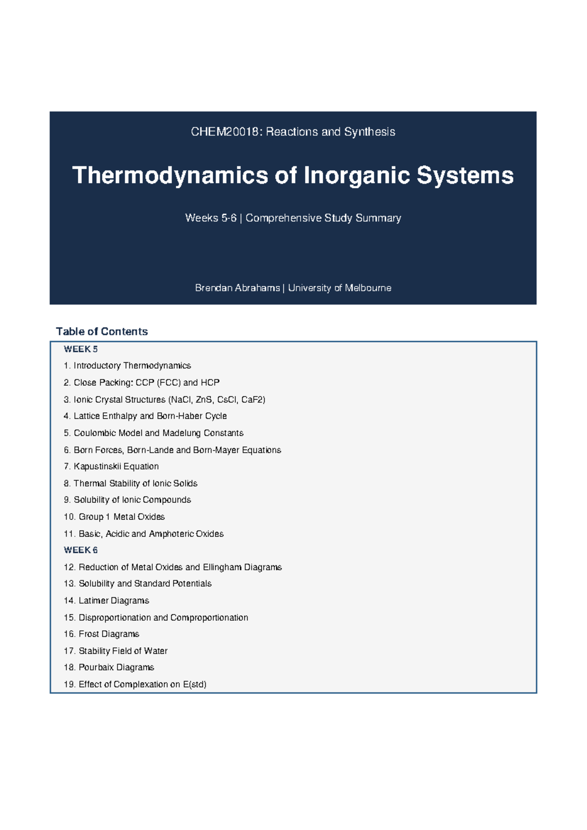 CHEM20018: Comprehensive Thermodynamics Summary for Inorganic Systems ...