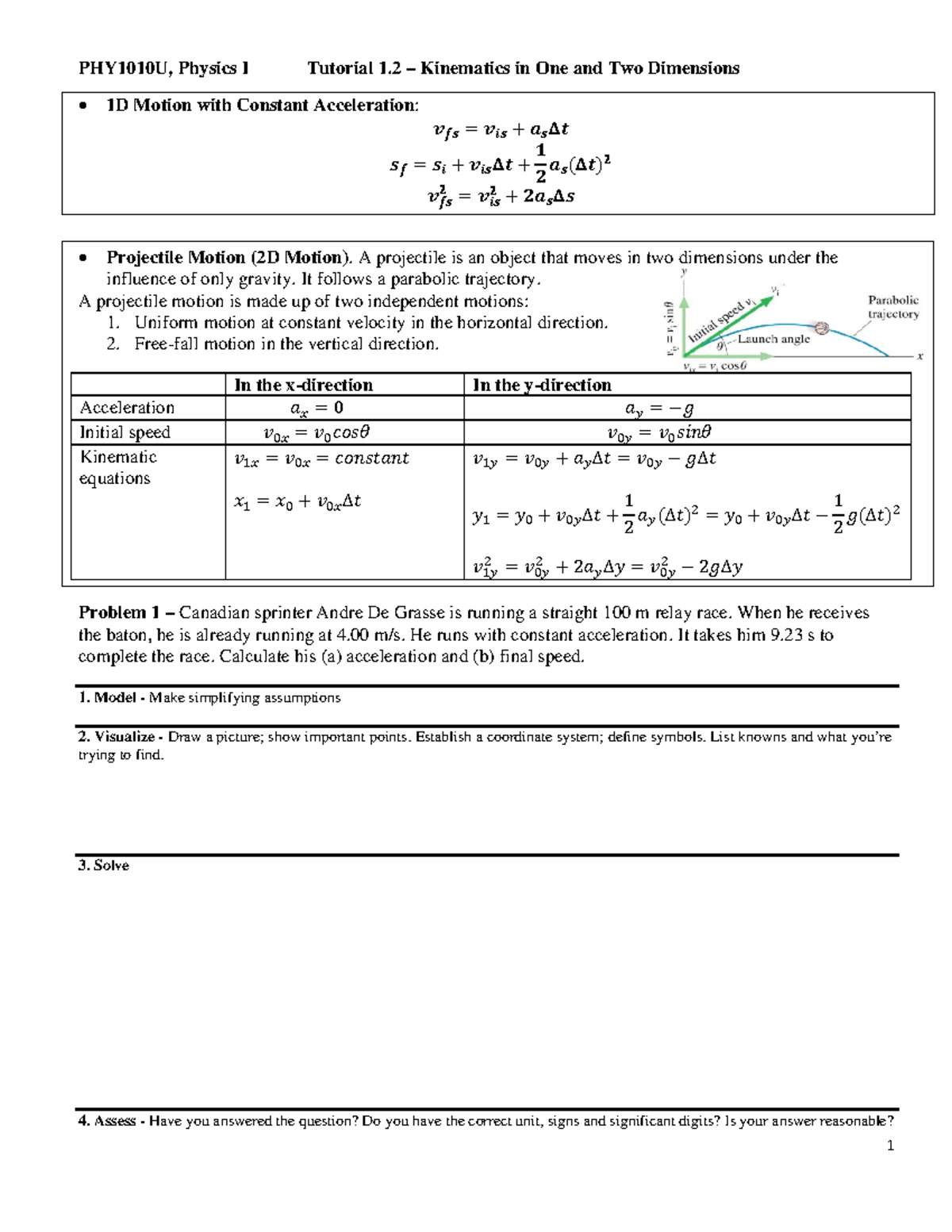 T1 - Tutorial - PHY1010U, Physics I Tutorial 1 – Kinematics in One and ...