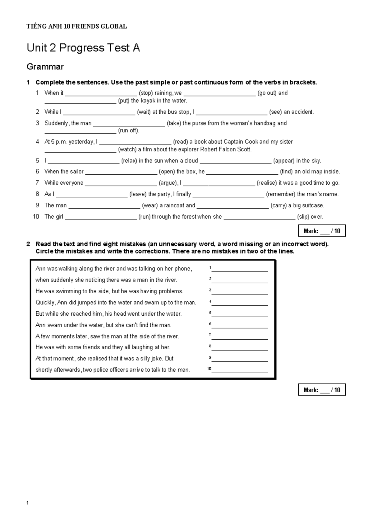 TIẾNG ANH 10 FRIENDS GLOBAL Unit 2 Progress Test A Grammar & Vocabulary ...