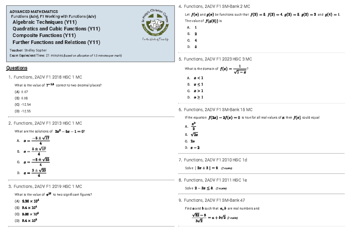 Functions Overview and Practice Questions - 11ADV Warm Up - Studocu