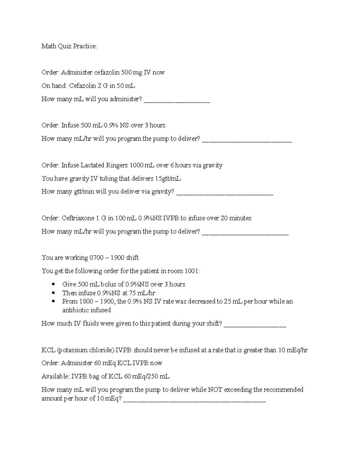 Math Quiz Practice: IV Meds & Fluid Calculations for NUR 169 - Studocu